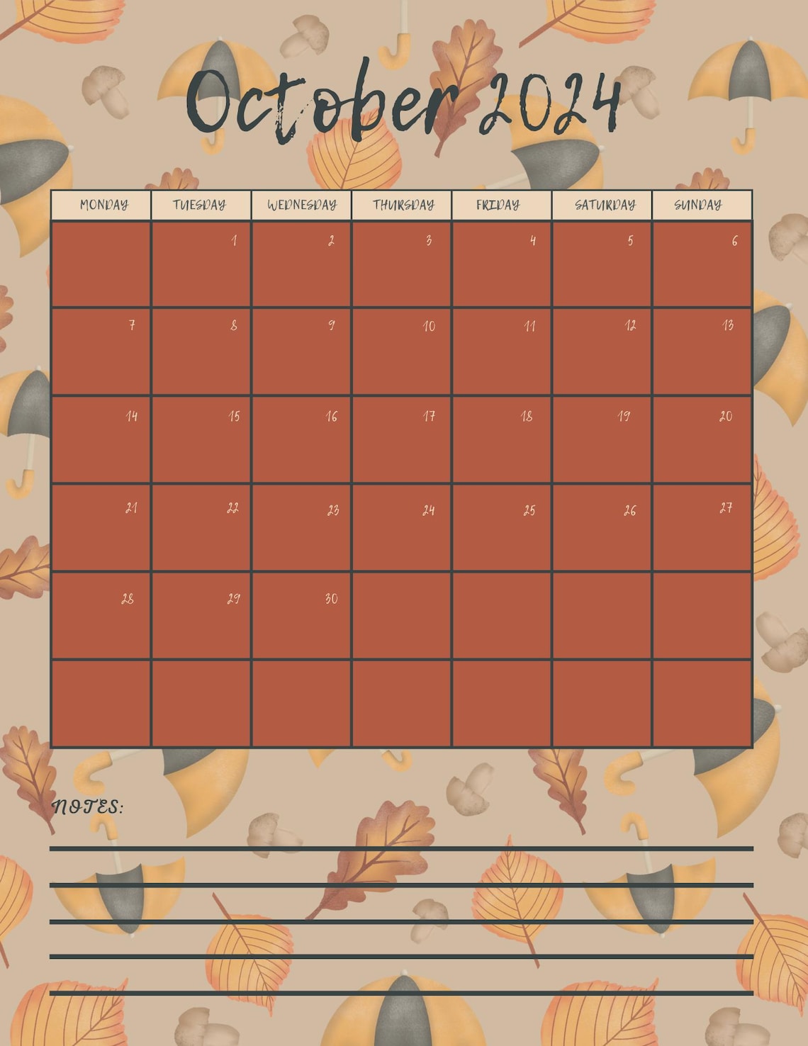 October 2024 Printable Calendar Minimalist Monthly Planner - Etsy