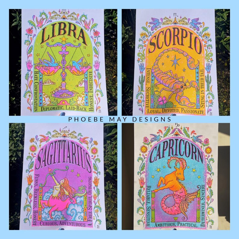Pisces Zodiac Print, Risograph Print, Tarot Card Style, Star Sign Wall ...