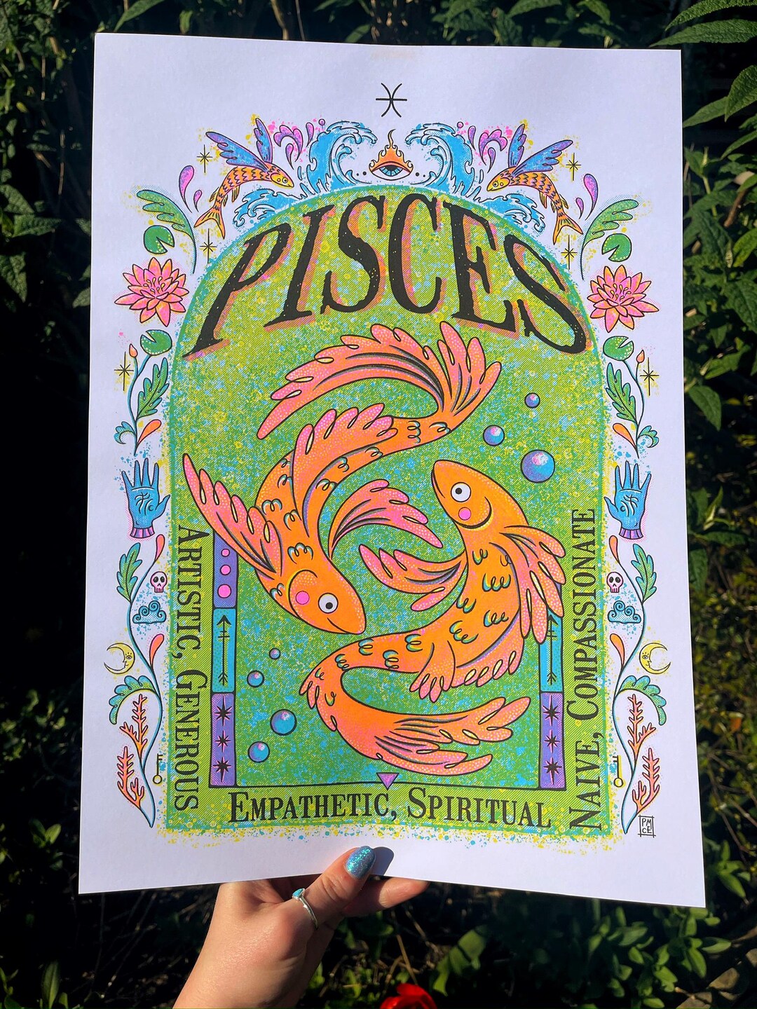 Pisces Zodiac Print, Risograph Print, Tarot Card Style, Star Sign Wall ...