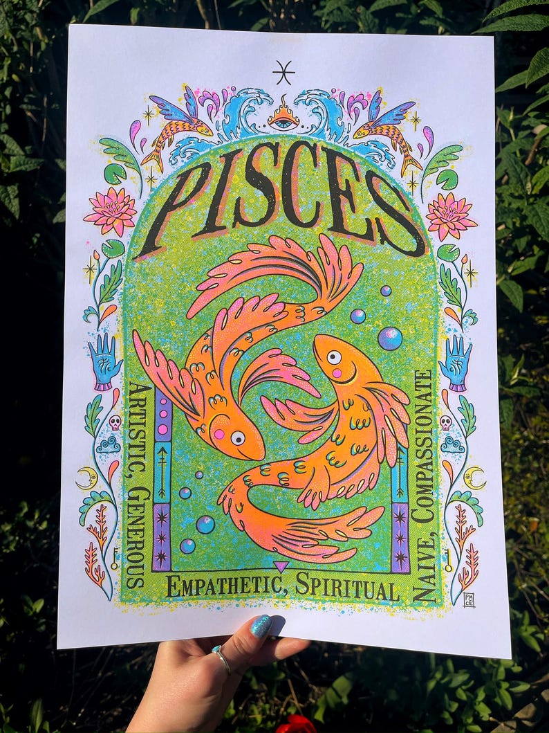 Pisces Zodiac Print, Risograph Print, Tarot Card Style, Star Sign Wall ...