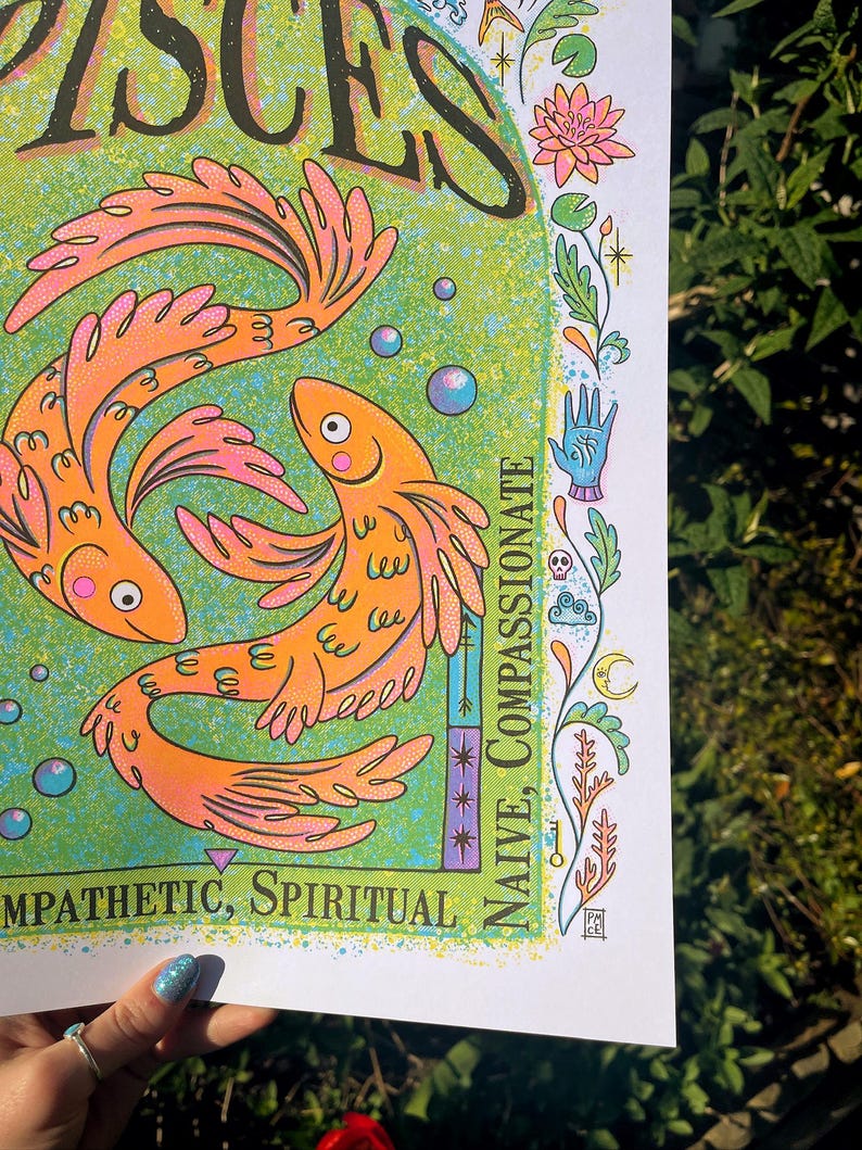 Pisces Zodiac Print, Risograph Print, Tarot Card Style, Star Sign Wall ...