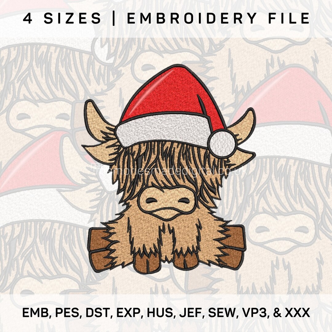 Christmas Highland Cow Embroidery File - Cute Highland Cow Embroidery ...