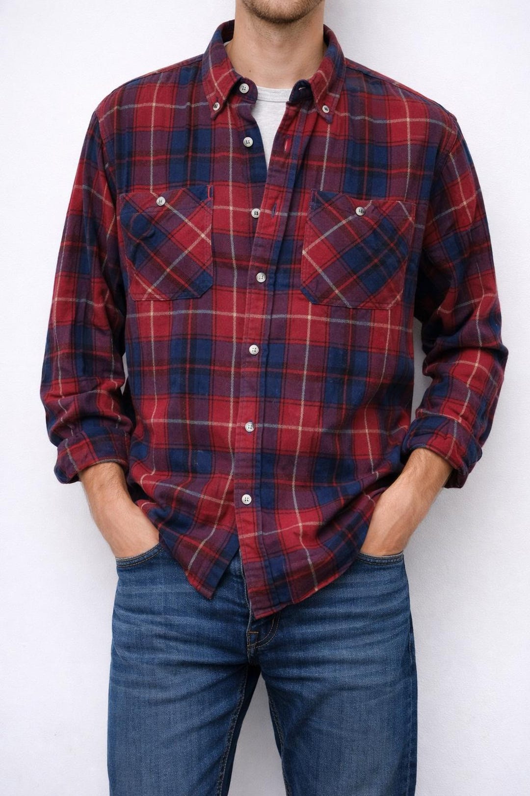 Vintage Spirit River Plaid Flannel Shirt Jacket, Quilted Lined Red Navy ...