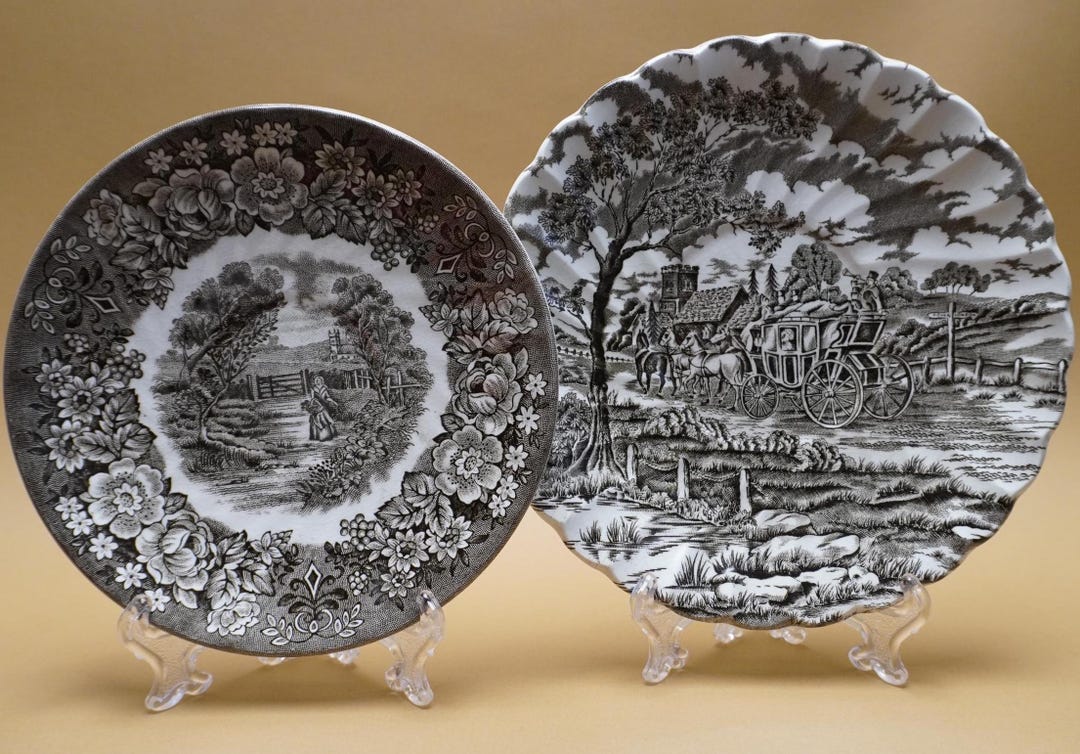 Vintage Black & White Decorative Plates: Cottage and Carriage Scene ...