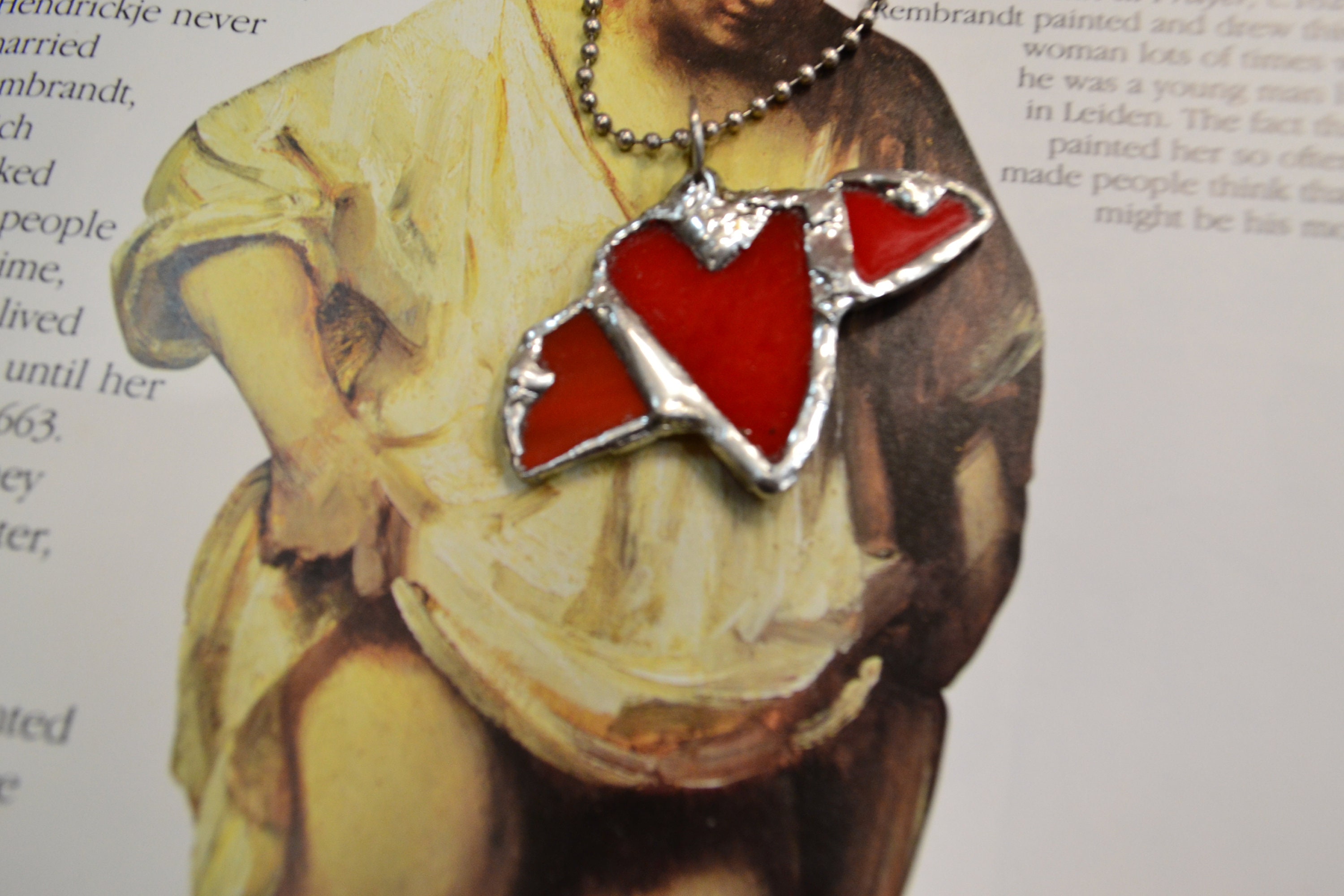 3 Red Translucent Stain Glass Hearts Soldered Together as a Necklace ...