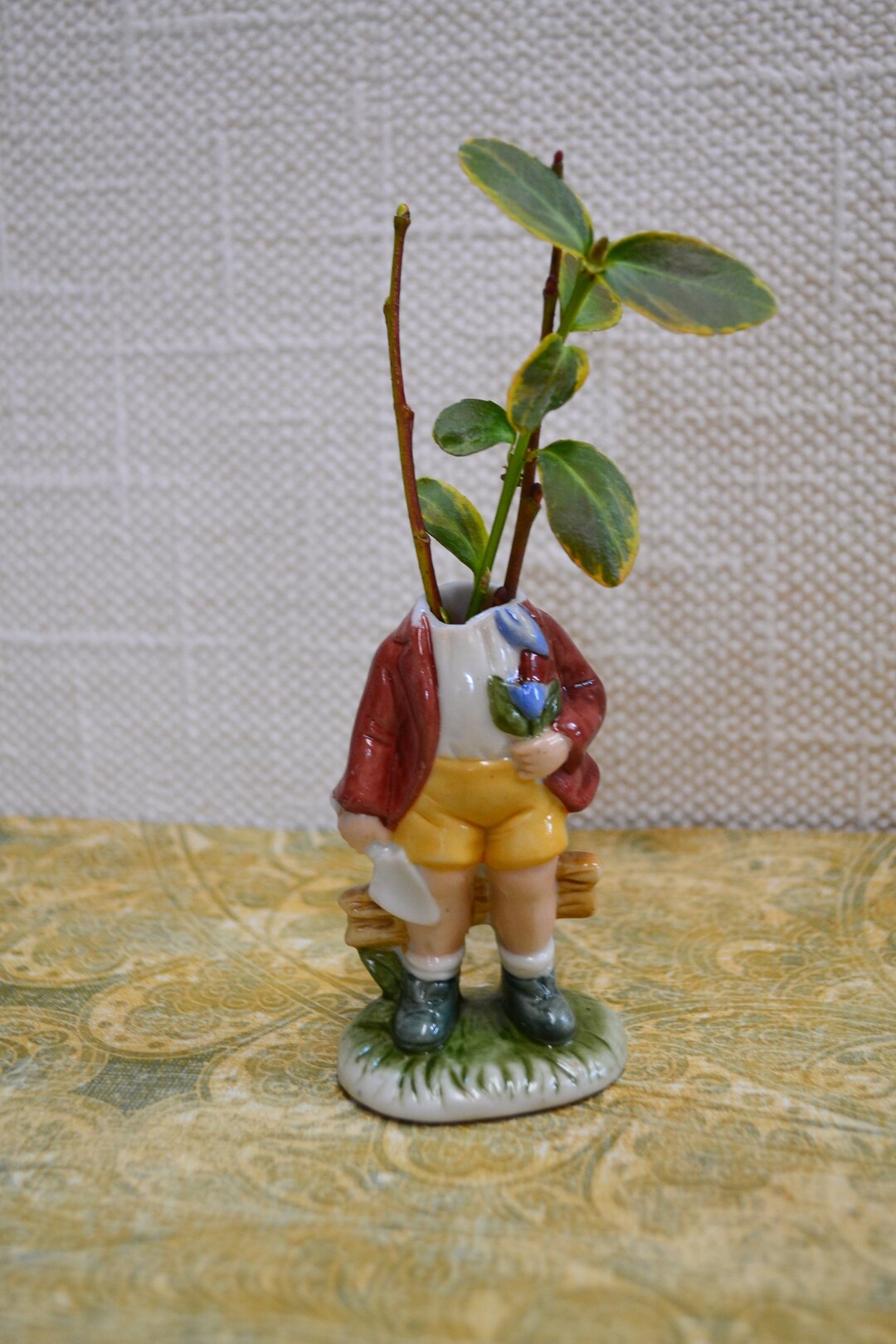Ceramic Upcycled Small Vintage Figurine Vase, Boy Child in Shorts With ...