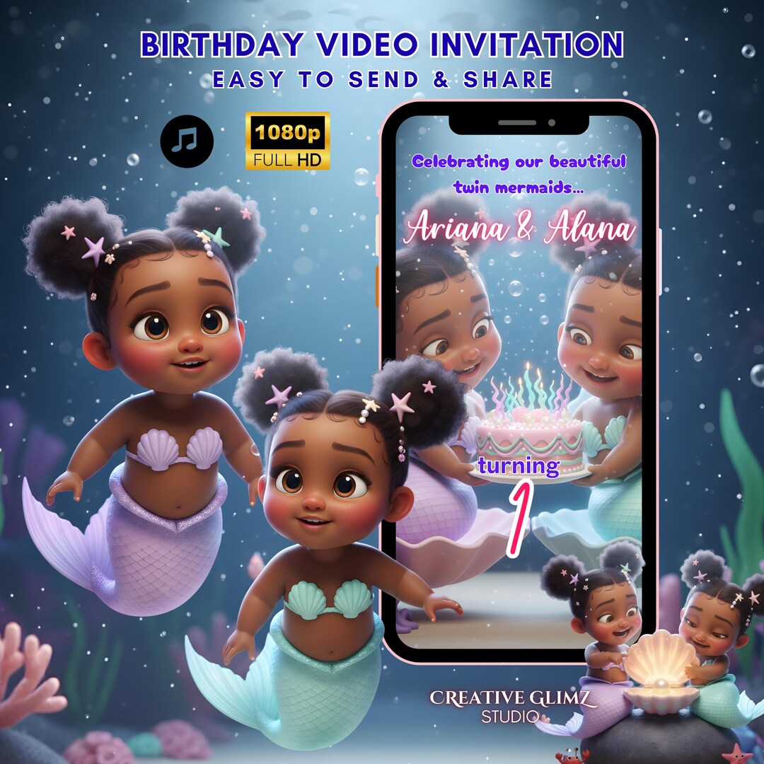 African American Mermaid Twins Birthday Video Invitation • Editable ...