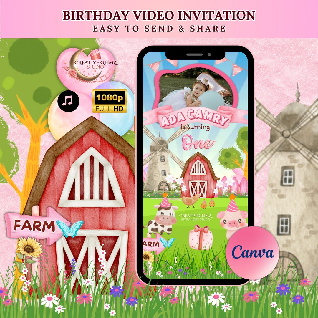 Pink Barnyard Birthday Video Invitation With Photo: Farm Animal Girl ...