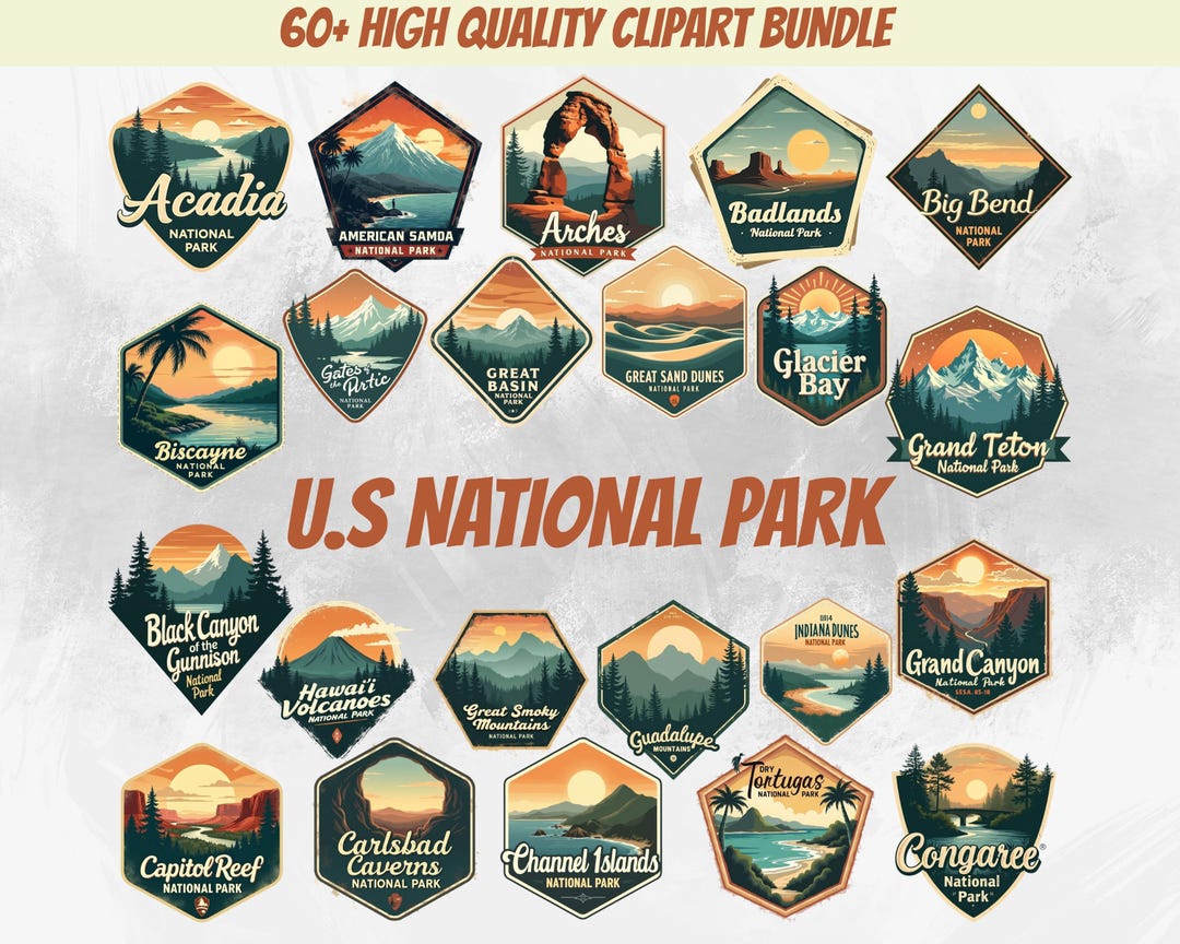 US National Parks Png Bundle All 63, USA Vintage National Parks Clipart ...