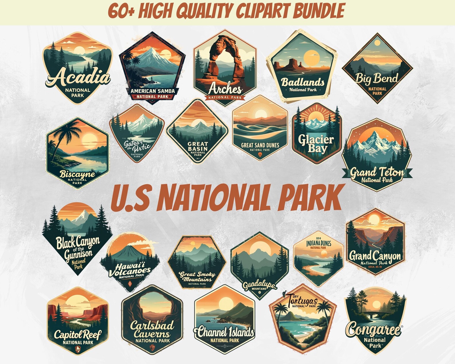 US National Parks Png Bundle All 63, USA Vintage National Parks Clipart ...