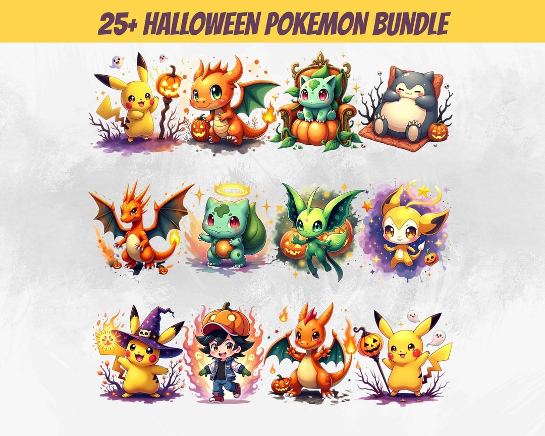 Halloween Pokemon PNG Bundle – Cute Pikachu Clipart Pack, Spooky ...