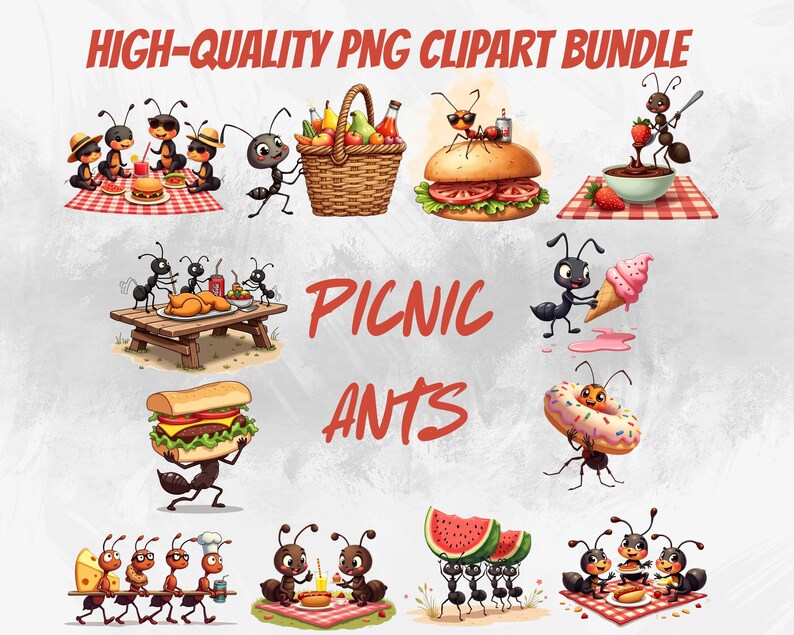 Watercolor Picnic Ants Clipart: 20 PNG Summer Food Illustrations ...