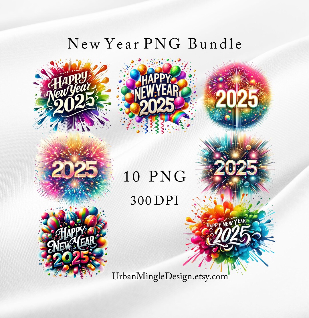 Happy New Year 2025 PNG Bundle - 10 Colorful Neon PNG Digital Downloads ...