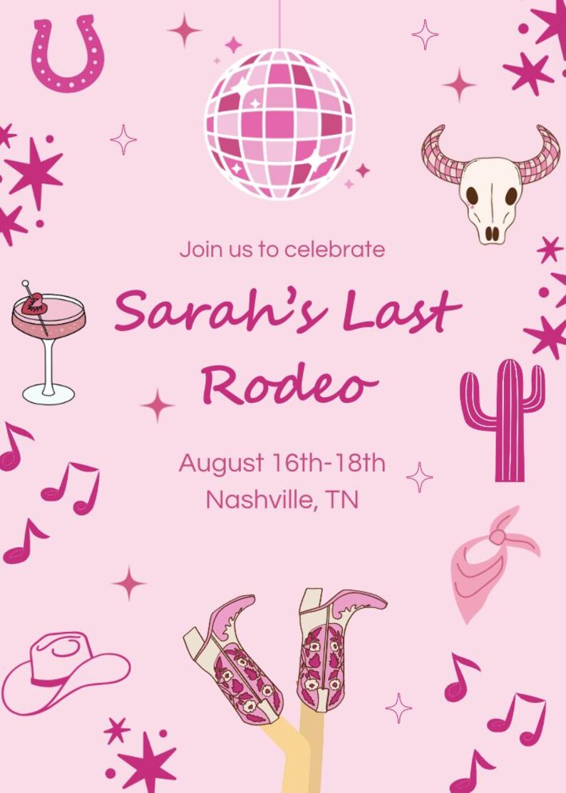 Last Rodeo Bachelorette Party Invitation and Itinerary Template, Disco ...