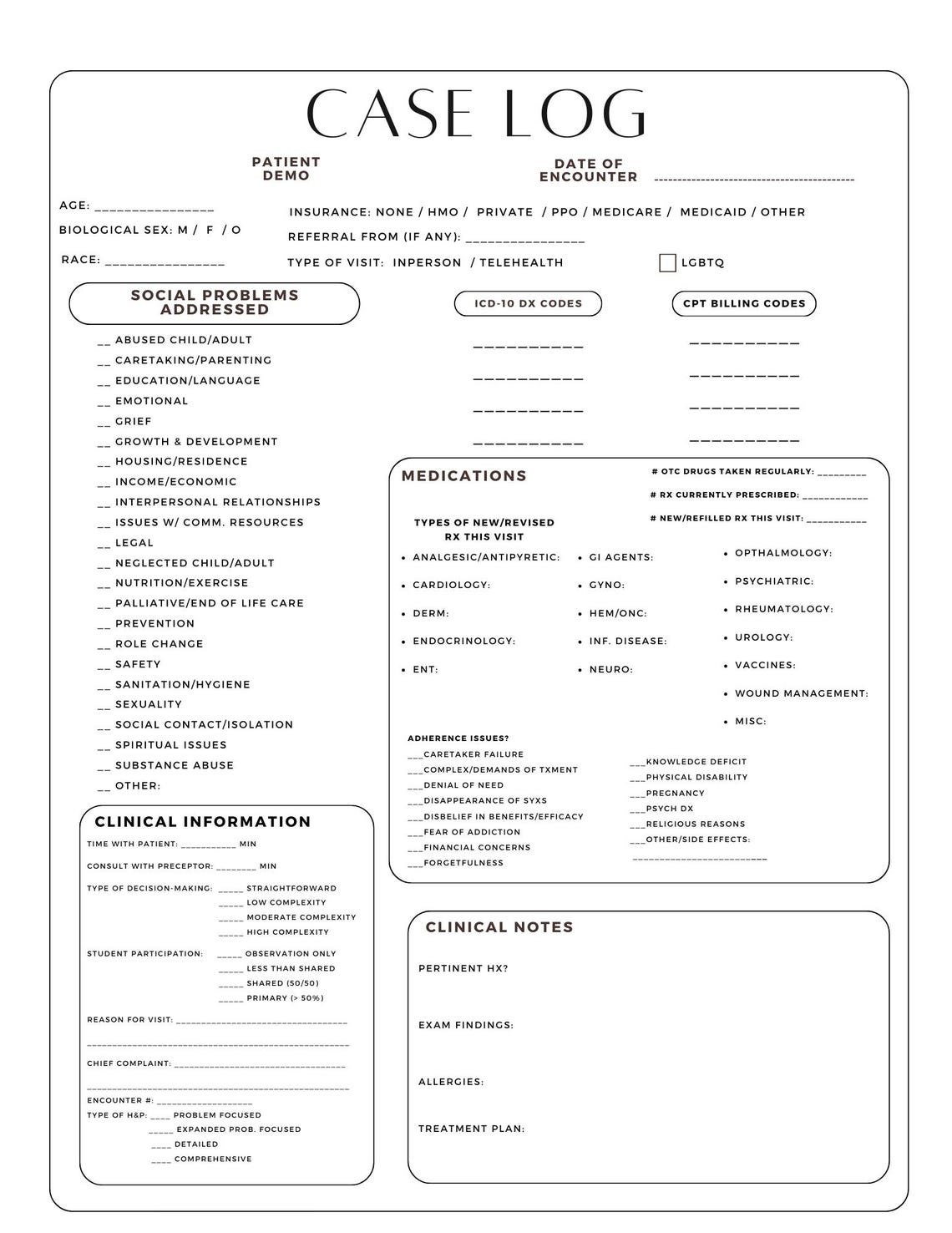 Nurse Practitioner/med Student Clinical Case Log, Printable Case Log ...