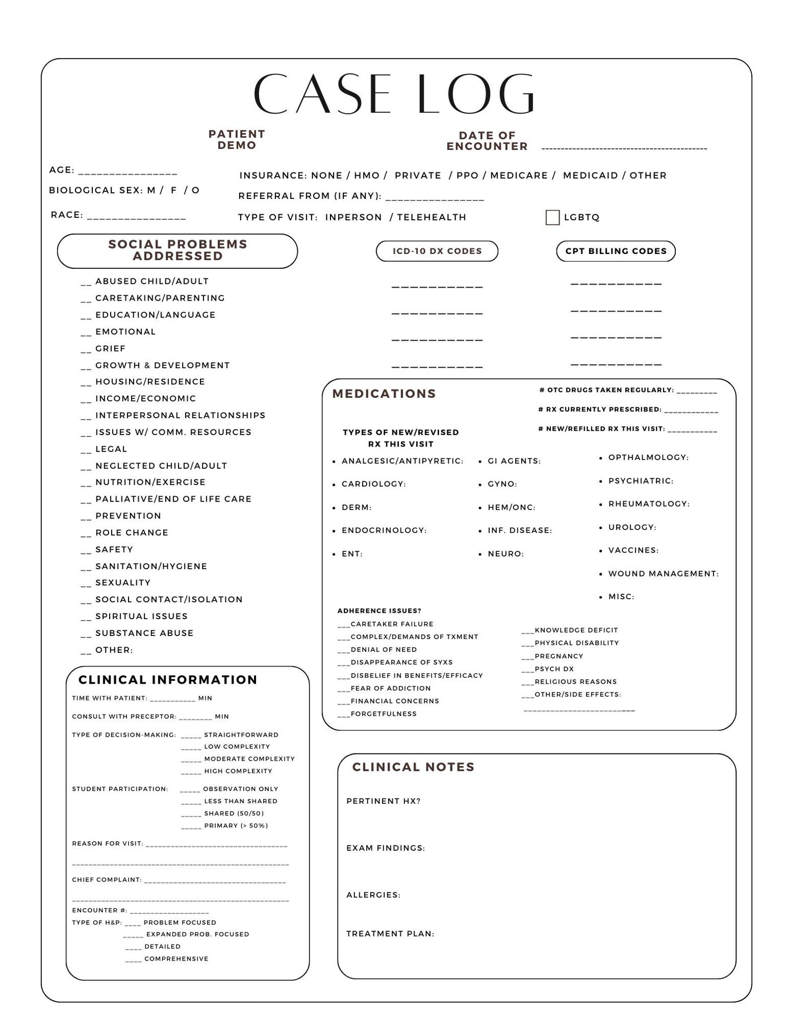 Nurse Practitioner/med Student Clinical Case Log, Printable Case Log ...