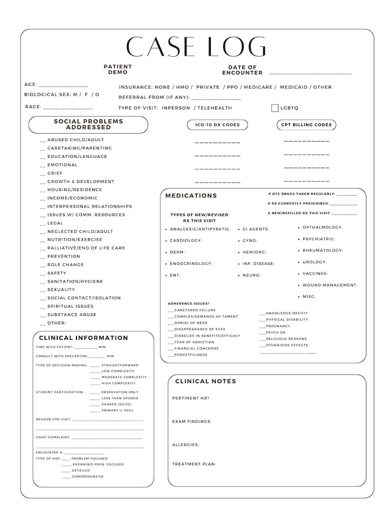 Nurse Practitioner/med Student Clinical Case Log, Printable Case Log ...