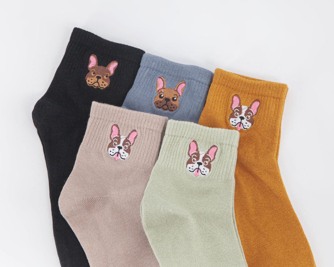 Embroidered Dog Socks, French Bulldog Socks, Womens Ankle Socks, Pet ...