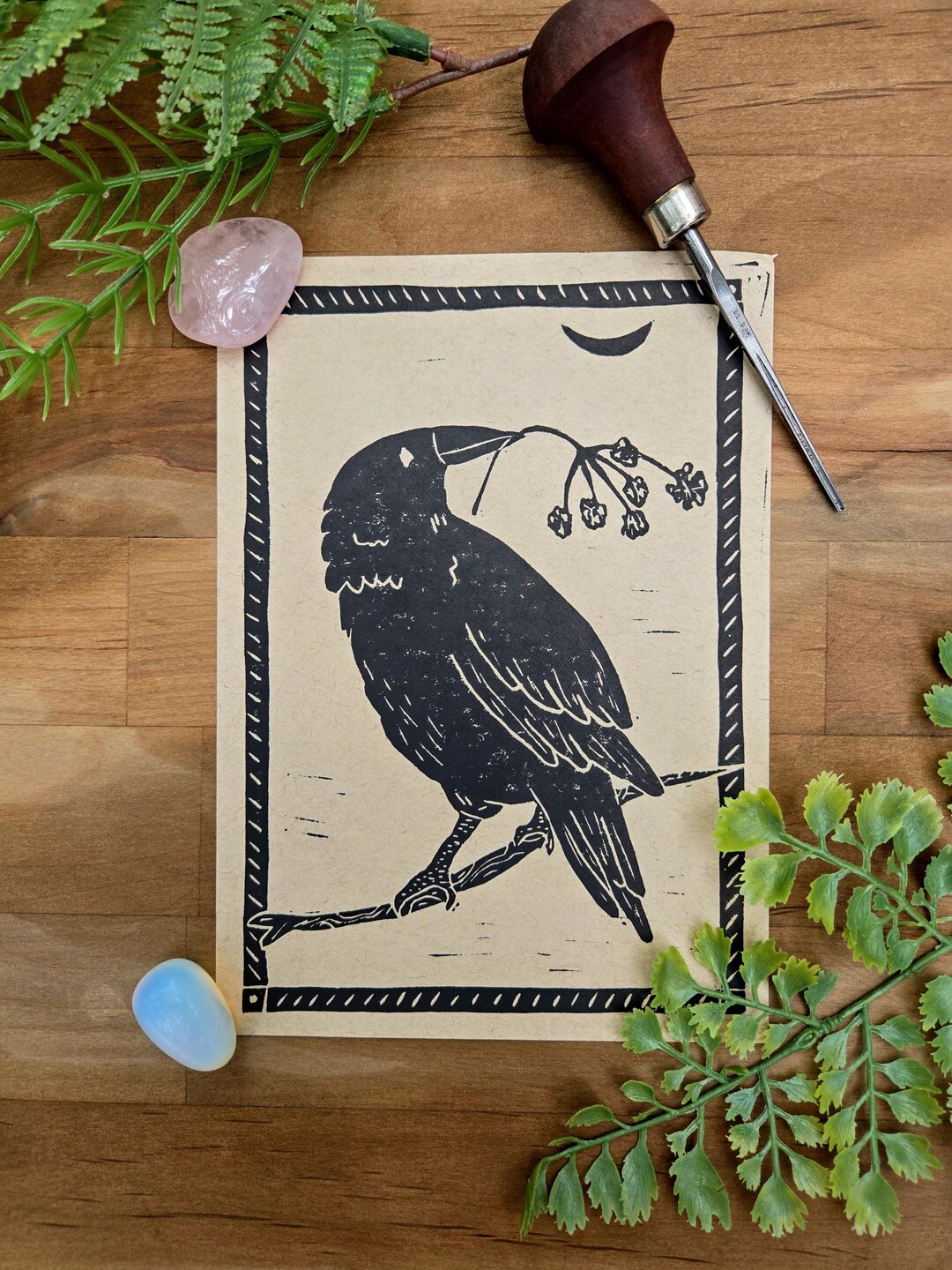 Midnight Crow Relief Print | Witchy | Hawthorn Flower | Crow | Linocut ...