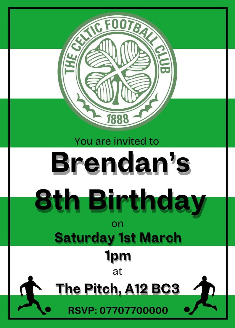 EDITABLE Celtic CFC Football Birthday Invitation - Birthday Party ...