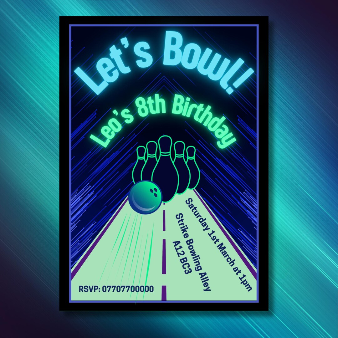 Neon Bowling Birthday Party Invitation Digital Invite Fully Editable ...