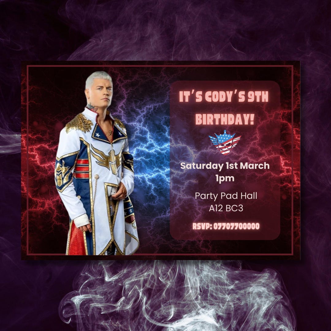 WWE Wrestling Birthday Party Invitation Cody Rhodes WWE Superstar ...