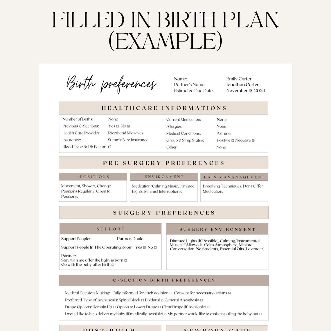 C-section Birth Plan Template: Editable Hospital Birth Preferences ...