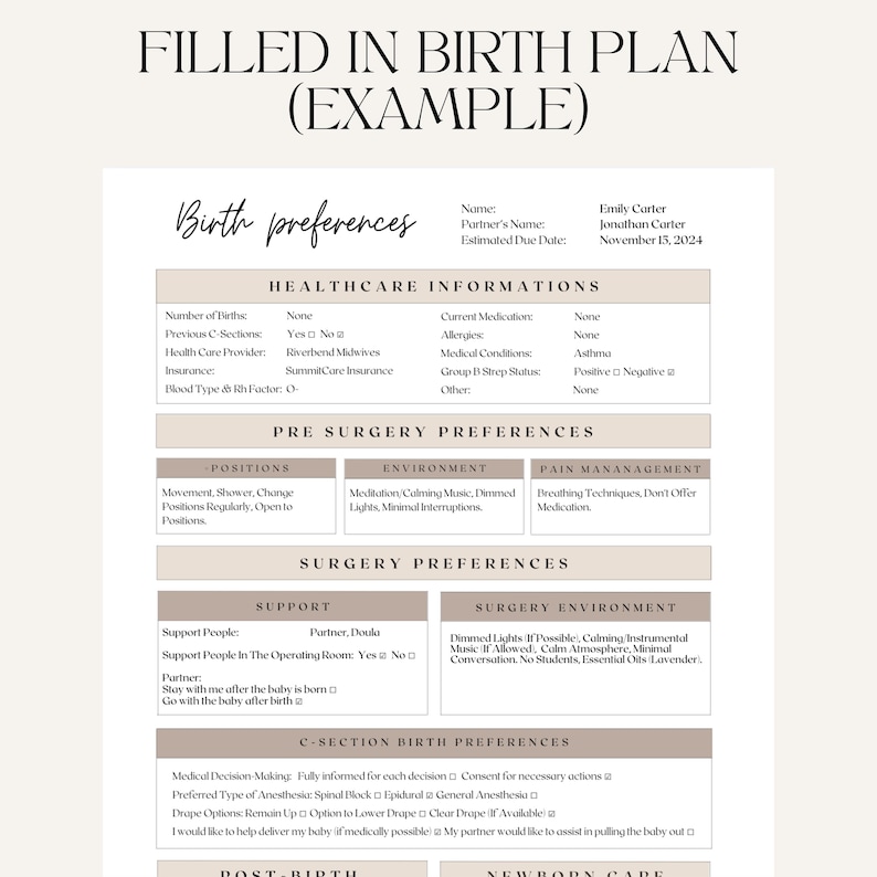 C-section Birth Plan Template: Editable Hospital Birth Preferences ...