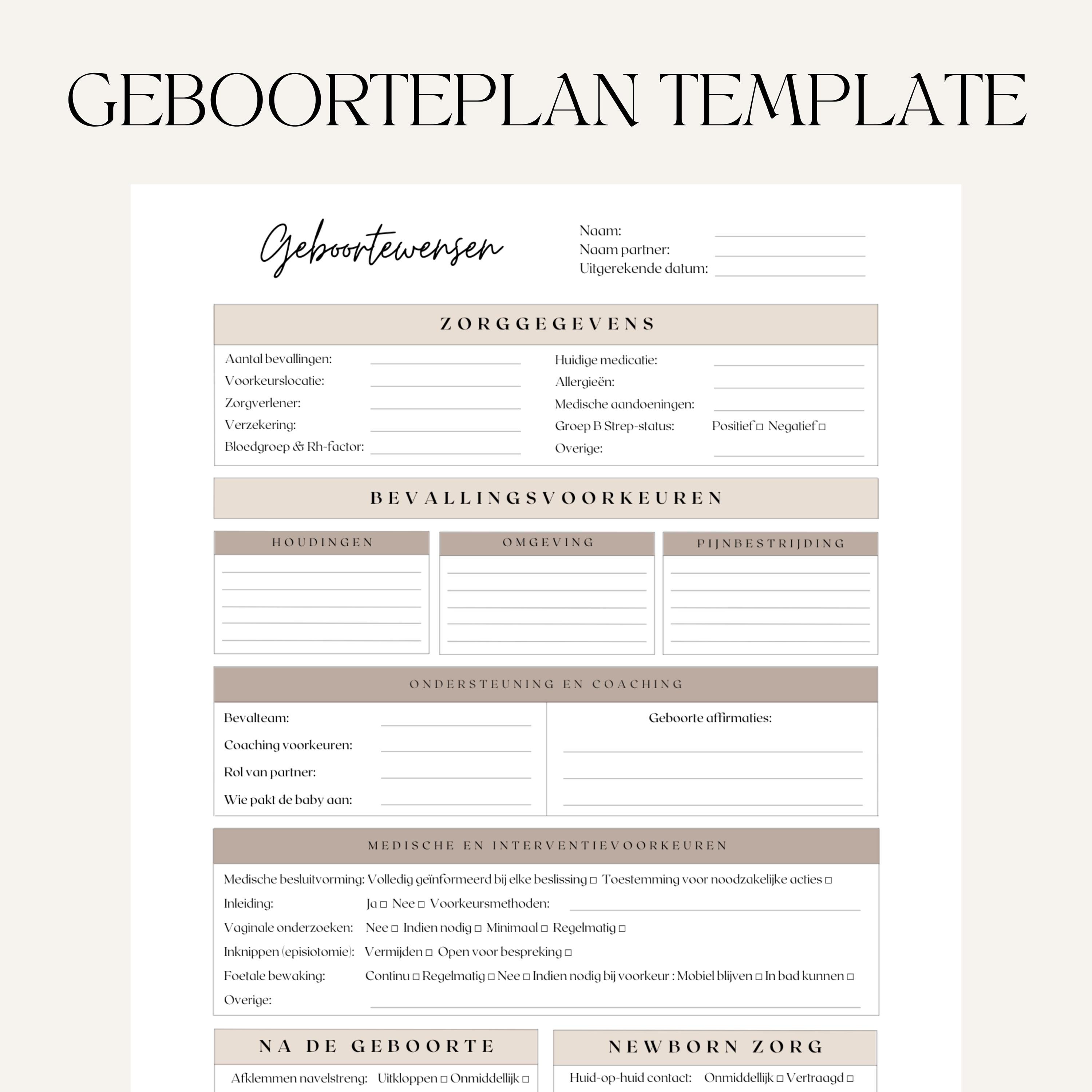 Geboorteplan Met Geboortewensen - Bevalplan Canva Sjabloon Voor Zwangeren, Verloskundigen ...