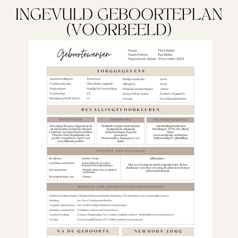 Geboorteplan Met Geboortewensen - Bevalplan Canva Sjabloon Voor Zwangeren, Verloskundigen ...
