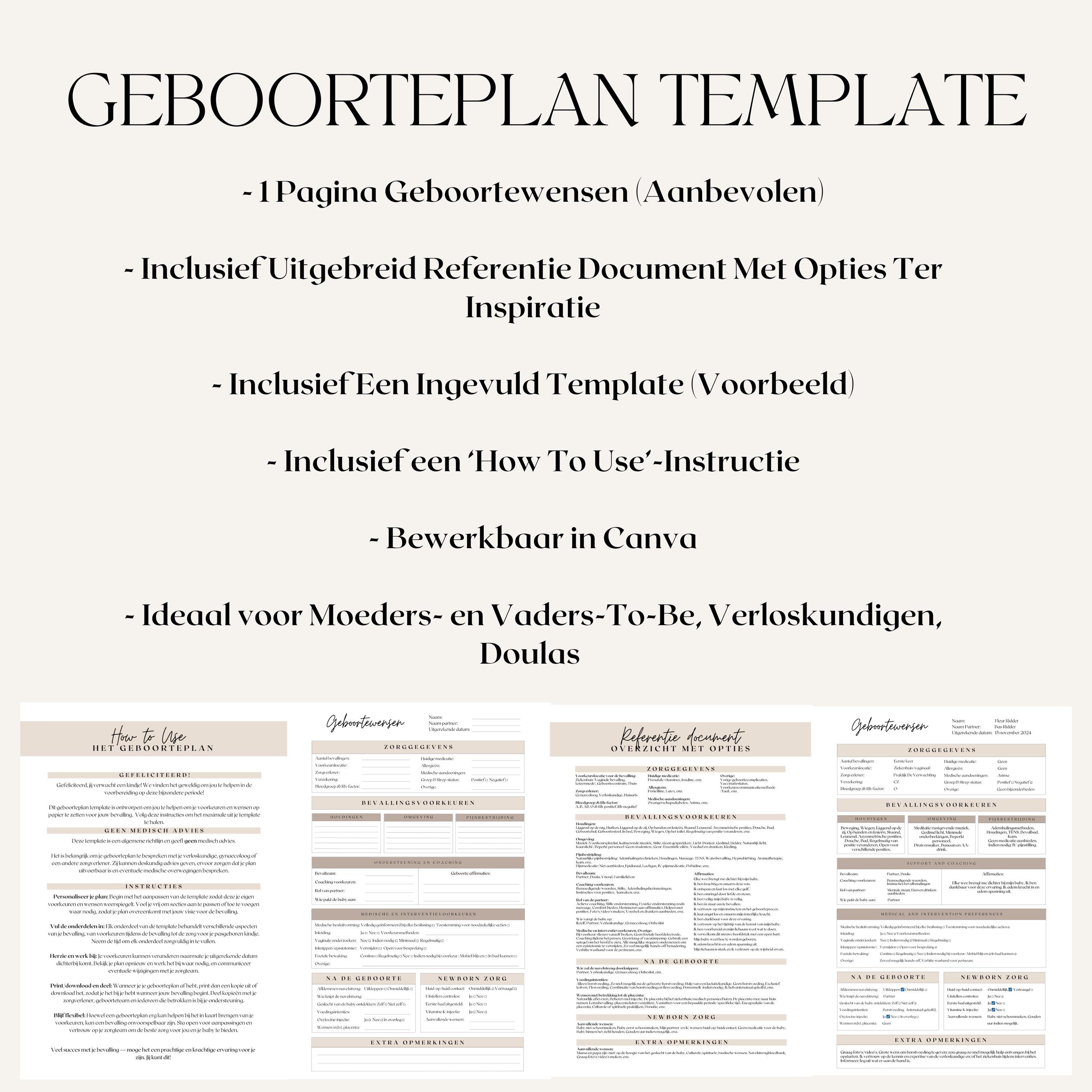 Geboorteplan Met Geboortewensen - Bevalplan Canva Sjabloon Voor ...