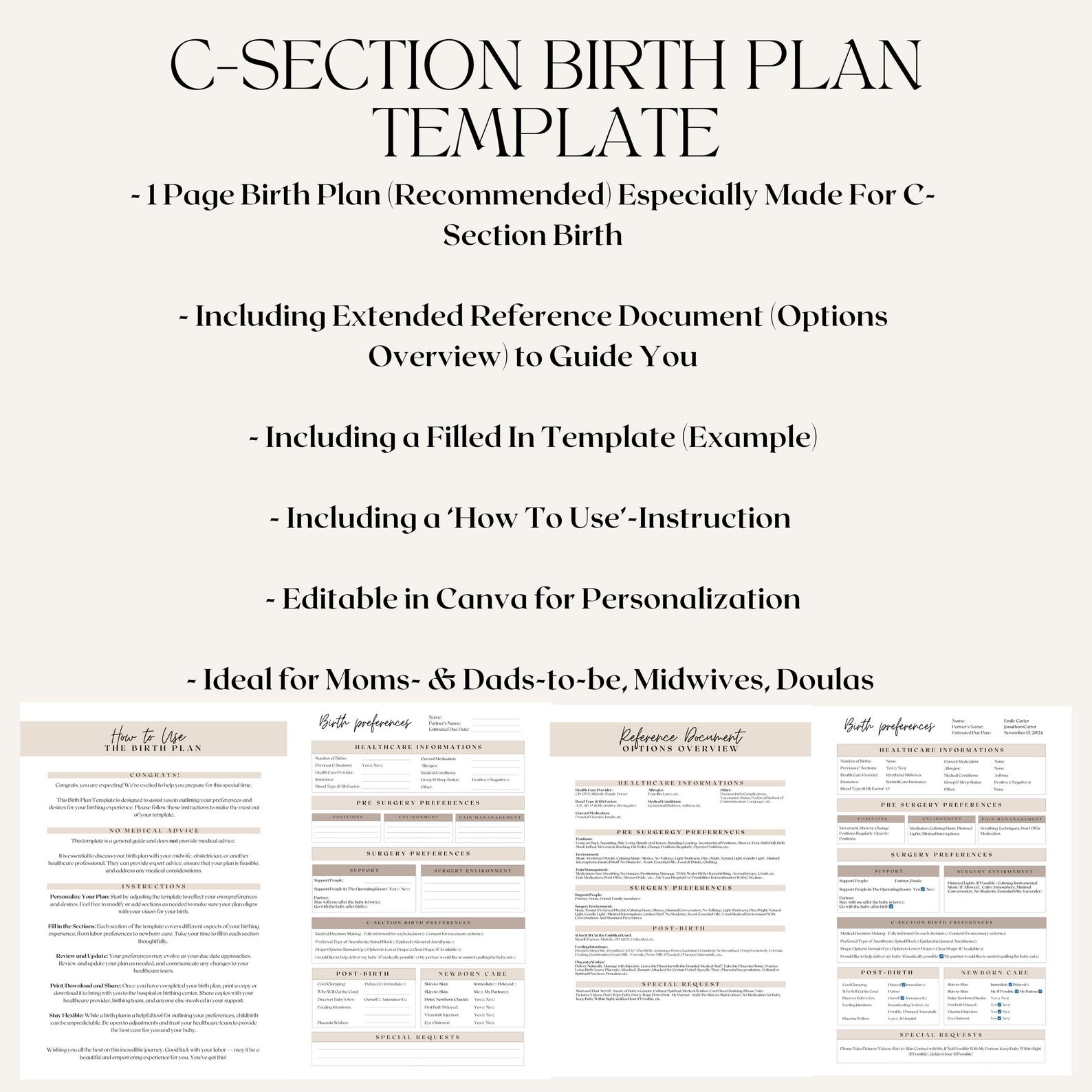 C-section Birth Plan Template: Editable Hospital Birth Preferences ...
