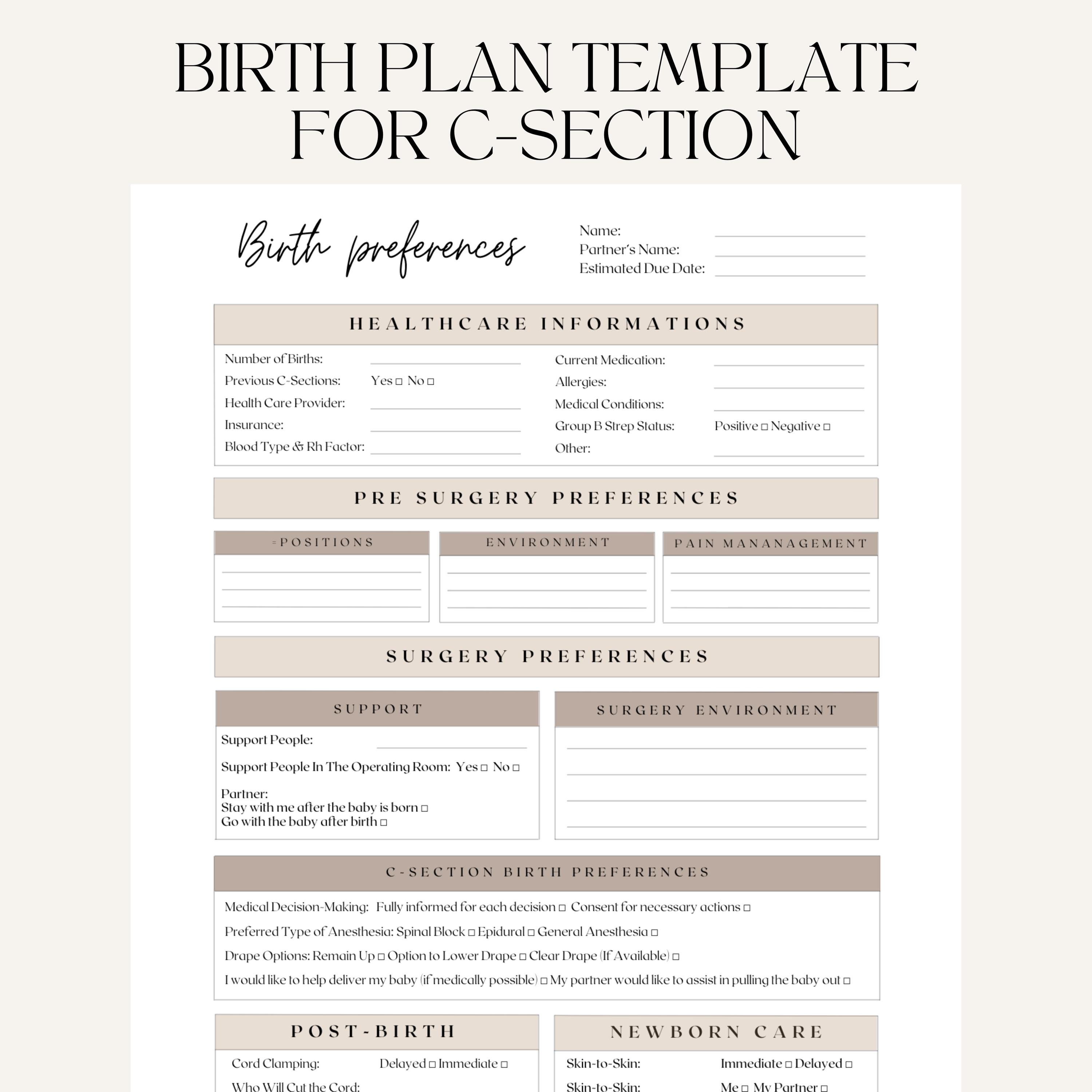 C-section Birth Plan Template: Editable Hospital Birth Preferences ...