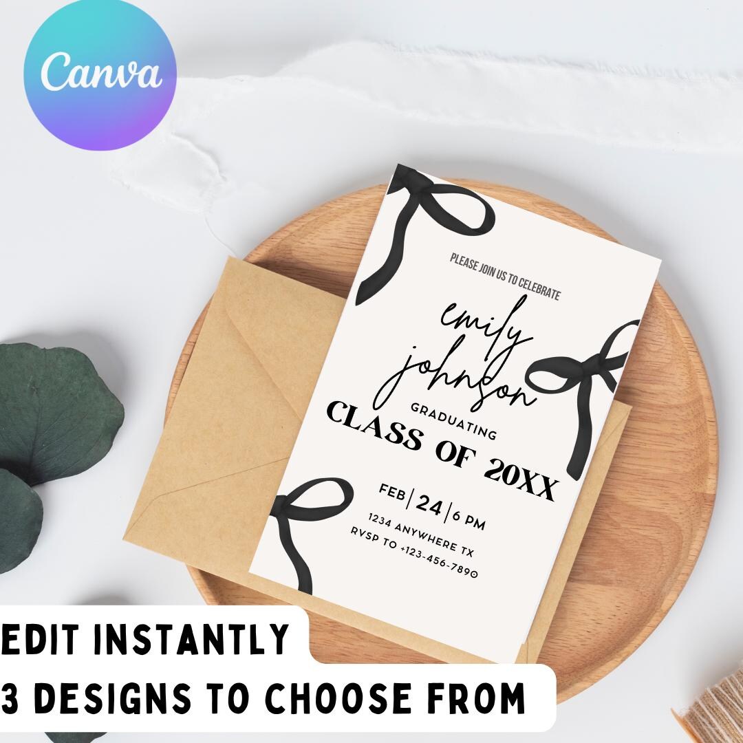 Graduation Minimalist Bow Coquette Invitation, Bows Black , Grad Party ...