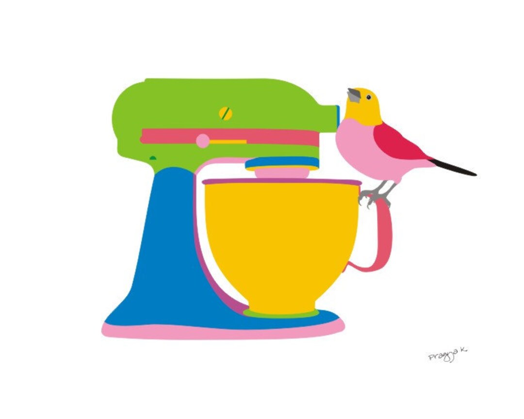 Stand Mixer and Bird Art Print, Colorful Kitchen Poster (digital Print ...