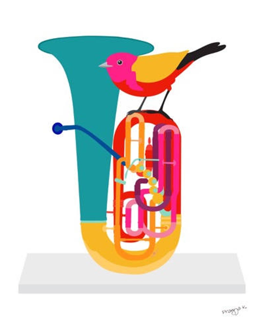 Music Art Print - Tuba - Musical Instrument, Bird Art Print, Gift for ...