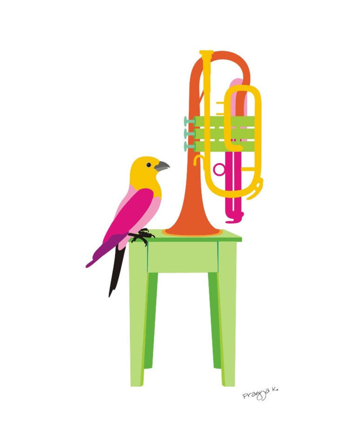 Colorful Cornet & Bird Art Print: Whimsical Music Wall Art - Etsy