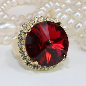 Red Ring Scarlet Wine Red Crystal Cocktail Bridal European Ring Red ...