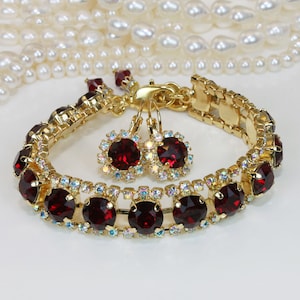 Red Bridal Jewelry Set Ruby Red European Crystal AB Bracelet Earrings ...