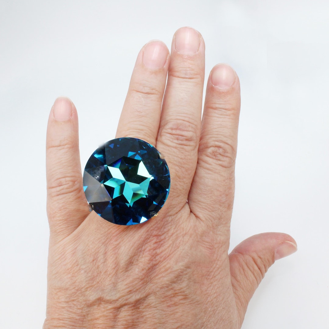 Bermuda Blue Crystal Ring, 35mm Statement Ring, Big Unisex Adjustable ...