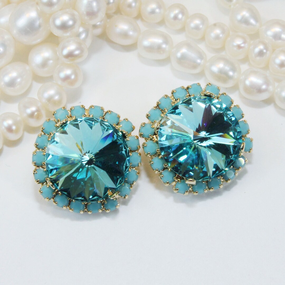 Aqua Blue Clip on Earrings Turquoise Gold European Crystal Malibu Blue ...