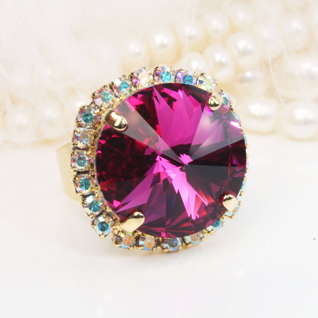 Fuchsia Ring Fuchsia Cocktail Ring Pink Crystal Ring European Crystal ...