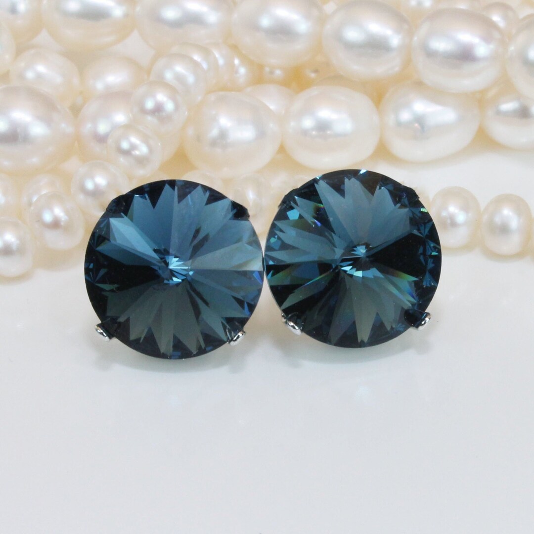 Navy Blue Stud Earrings, Dark Blue Crystal Studs, Mens Stud Earrings ...