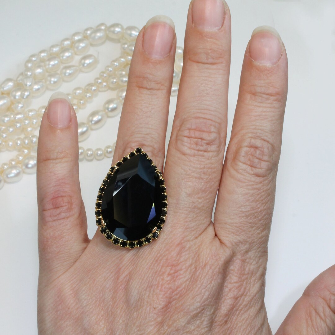Black Cocktail Ring, Goth Wedding Ring, Large Crystal Ring, Jet Stone ...