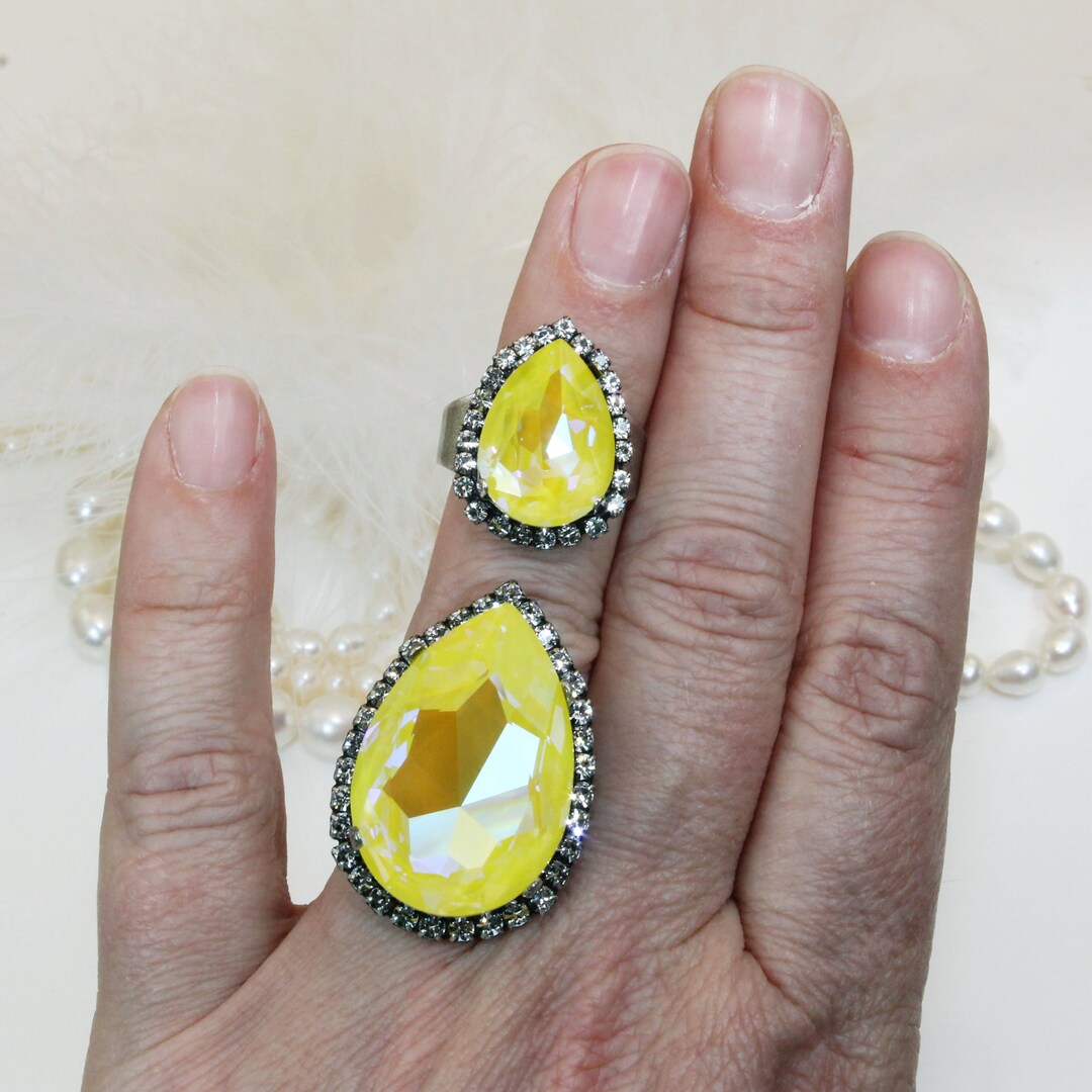 Yellow Cocktail Ring European Crystal Canary Yellow Teardrop Statement ...