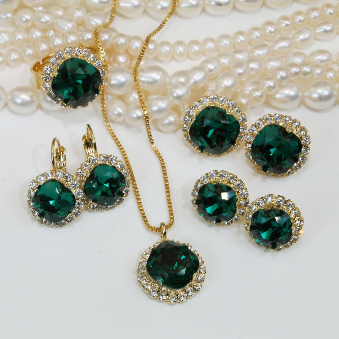 Emerald Jewelry Set, Emerald Green Ring, Bridesmaids Jewelry Set, Dark ...
