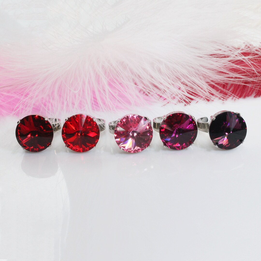 Valentien's Day Ring Gift for Woman Pink Red Cocktail European Crystal ...