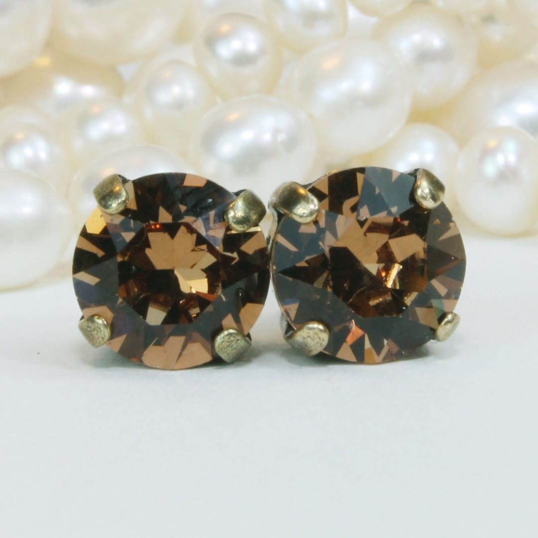 Brown Studs Crystal Post Earrings Men Earrings 8mm Brown Champagne Post ...