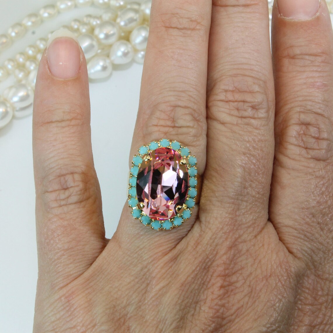 Pink Turquoise Ring Aqua Blue Adjustable Crystal Pink Oval - Etsy Israel