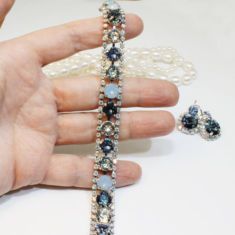 Blue Crystal Bracelet Earrings Matching Set Bridal Navy Blue - Etsy